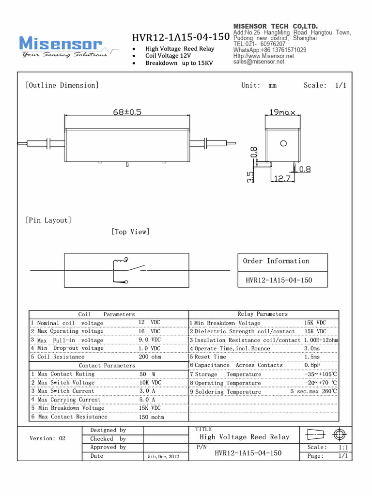High Voltage Reed Relay 12V 15KV | PDF | Relay | Inductor