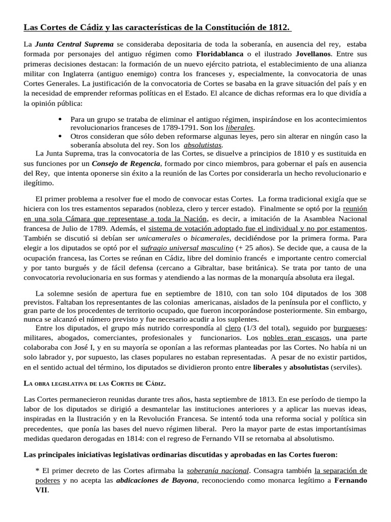 Constitución de 1812 y Cortes de Cádiz | PDF | Constitución ...