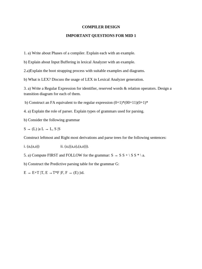 Compiler Design Mid 1 Important Questions | PDF