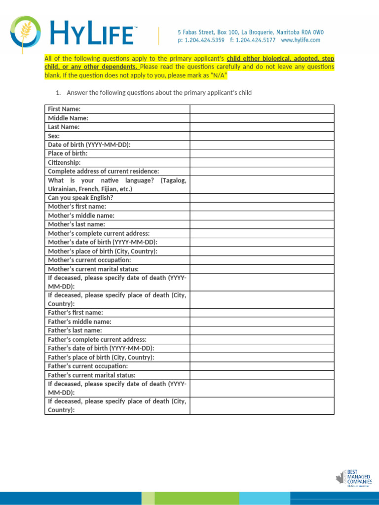 Immigration Form (Dependent - under 18) | PDF | Father