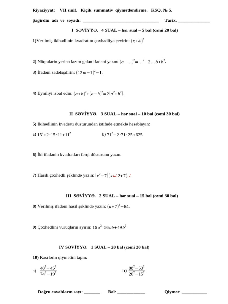 7 Sinif Riyaziyyat KSQ - 5 | PDF