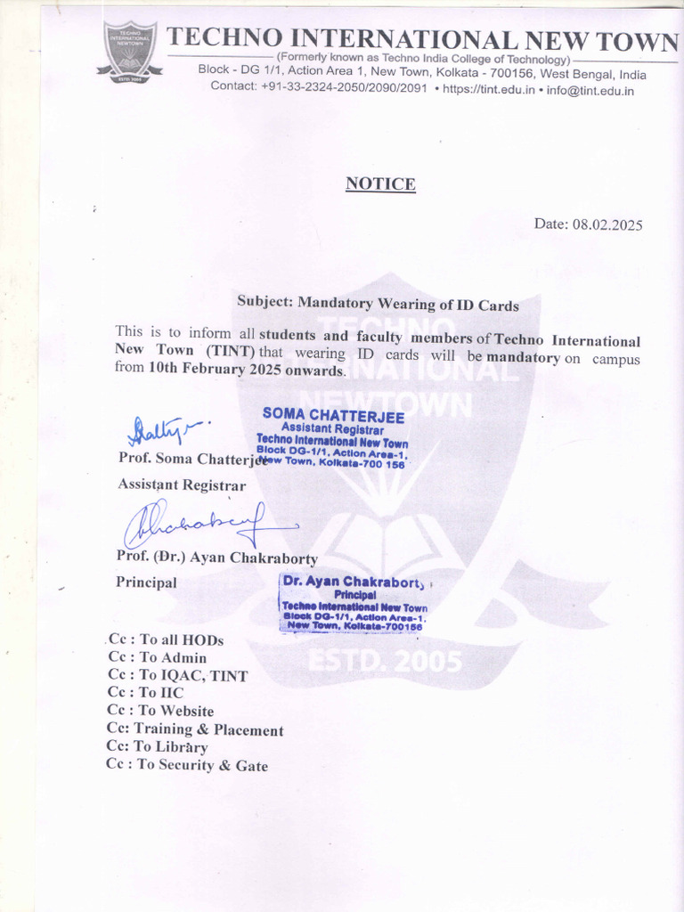 Notice for Mandatory of Wearing ID Cards | PDF