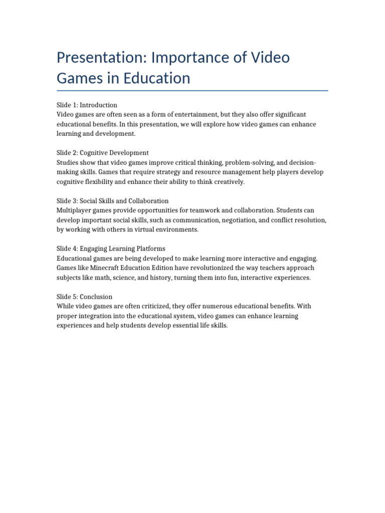 Presentation Importance of Video Games in Education | PDF
