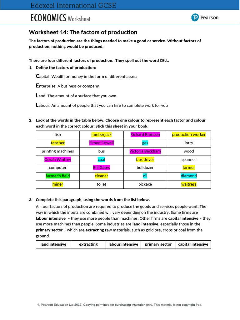 Igcse Eco Worksheet 14 The Factors of Production | PDF