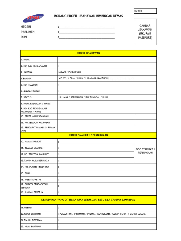Borang Profil Usahawan Bimbingan Kemas | PDF