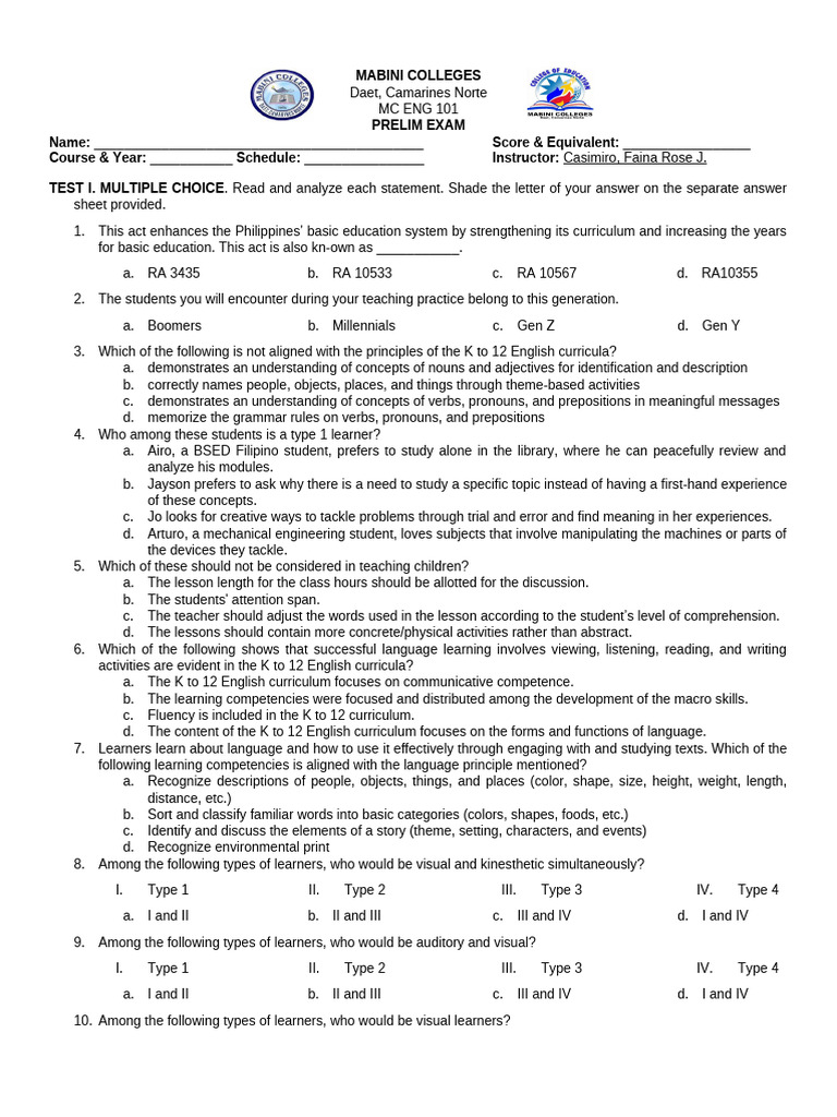 ENG 101 Answer Sheet AY 24 | PDF | Learning | Curriculum