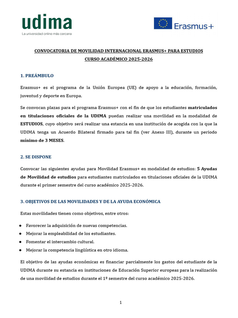 Convocatoria Erasmus ESTUDIOS | PDF