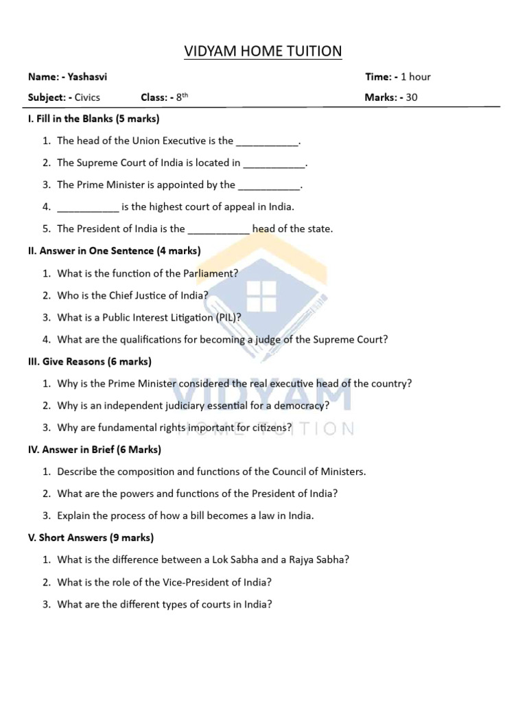 8th Civics Testpaper | PDF