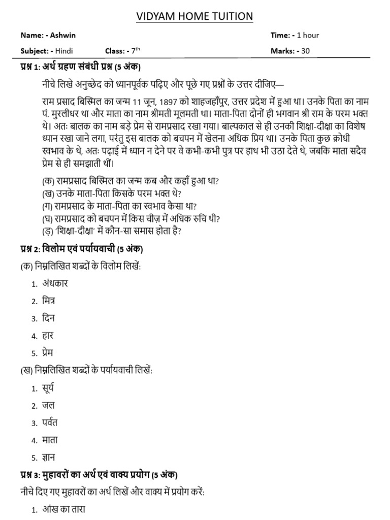 7th Hindi Test Paper | PDF