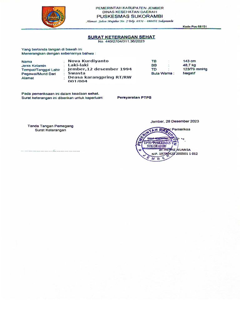 Nova Kurdiyanto Laki-Laki Jember, 12 Desember 1994 Swasta Deasa Karangpring RT/RW 001/004 | PDF