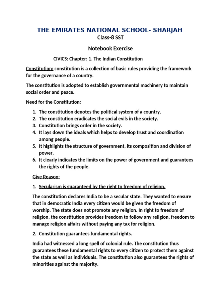 Indian Constitution Overview for Class 8 | PDF