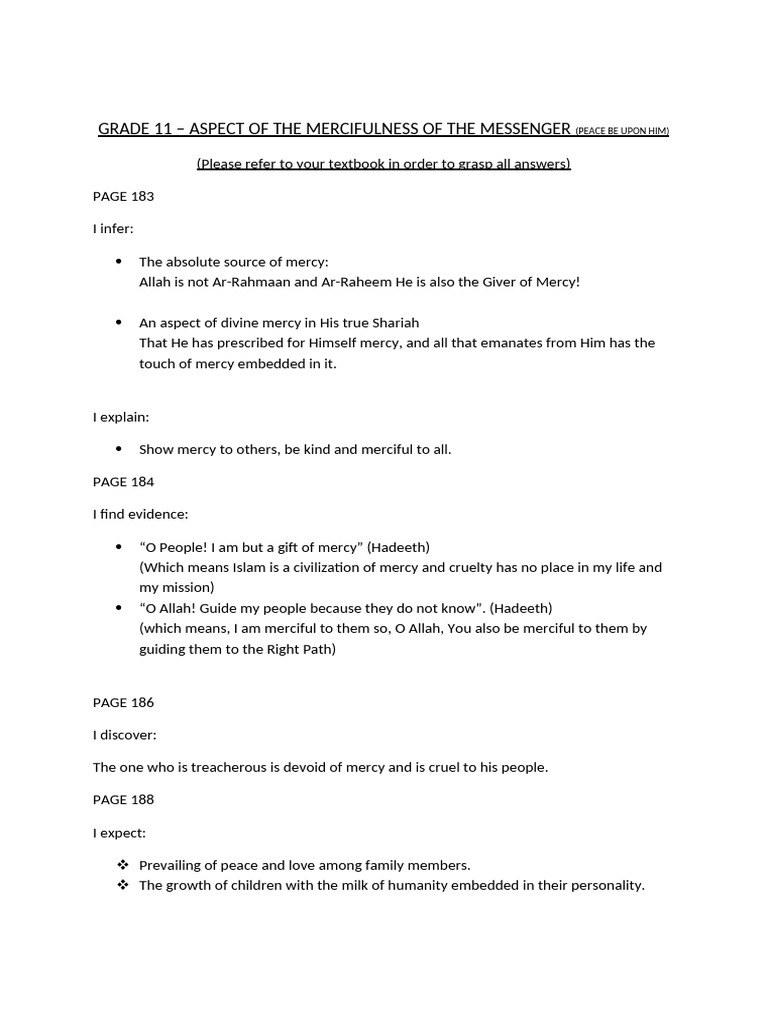 Grade 11 - Notes - Aspects of Mercifulness of Allahs Messenger | PDF ...