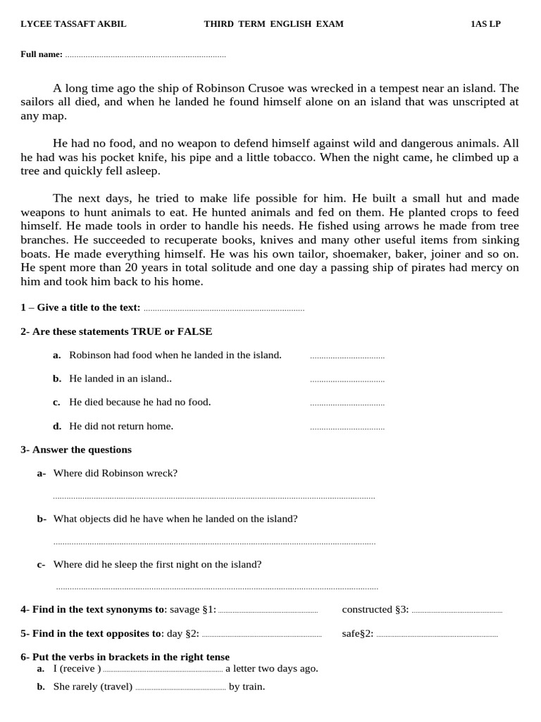Robinson Crusoe English Exam Questions | PDF | Snow White | Characters ...