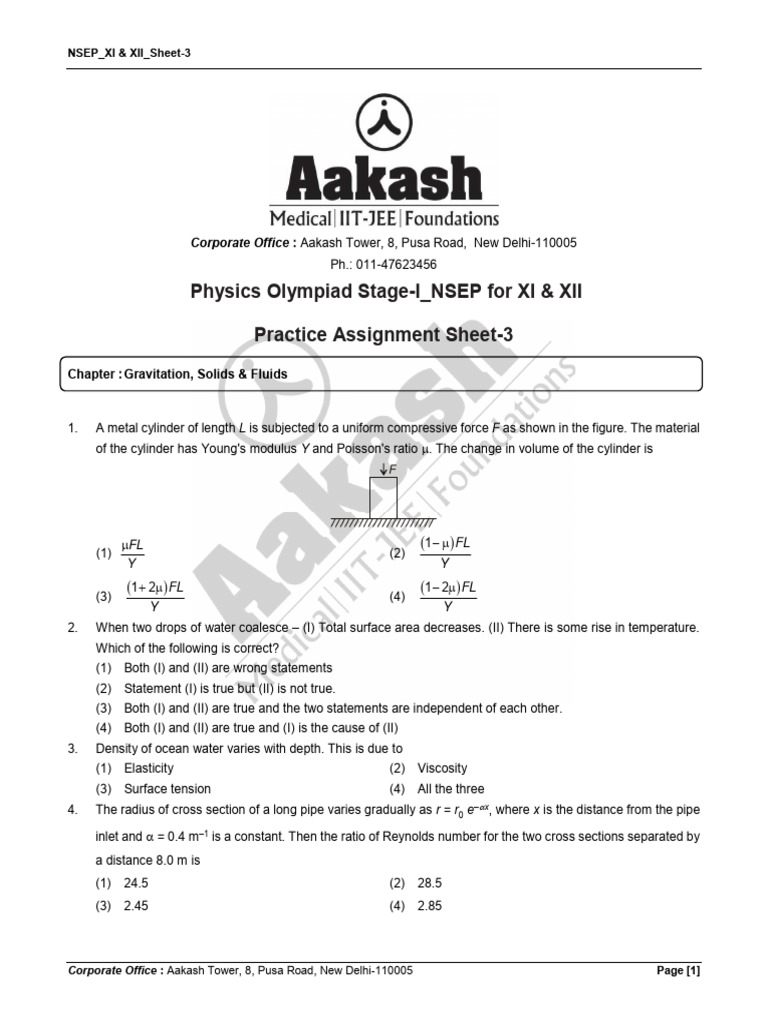 NSEP - XI & XII - Sheet-3 - (Que. & Answer Key) | PDF | Physical ...