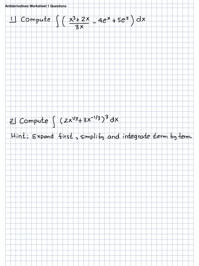 Antiderivatives Worksheet 1 Questions | PDF