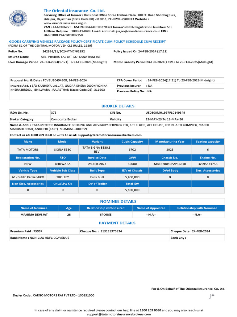Mr. Prabhu Lal Jat So Kana Ram Jat | PDF | Insurance | Vehicles