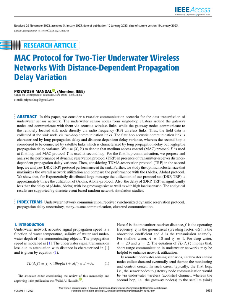 MAC Protocol For Two-Tier Underwater Wireless Networks With Distance-Dependent Propagation Delay ...