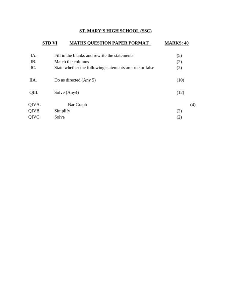 STD 6 Maths Question Paper Format | PDF
