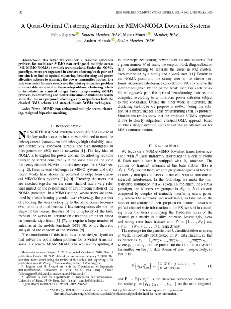 A Quasi-Optimal Clustering Algorithm For MIMO-NOMA Downlink Systems ...