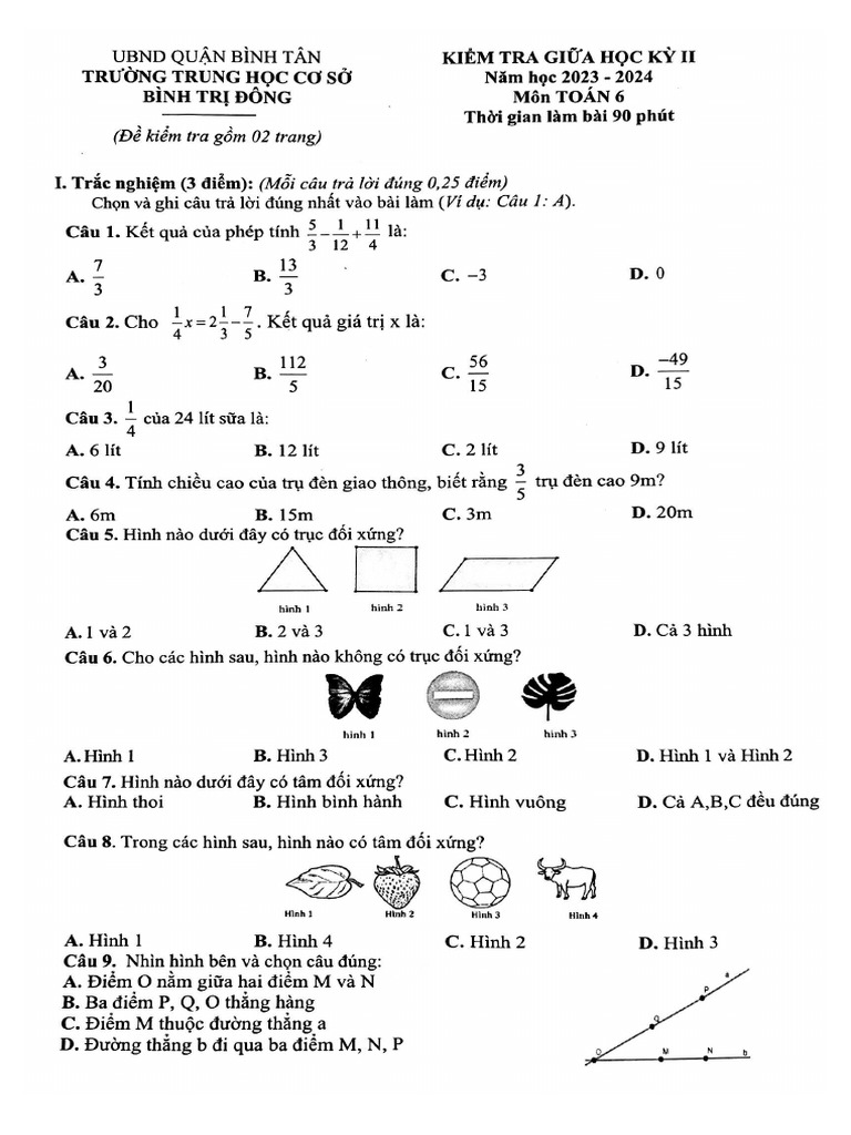De Giua Hoc Ky 2 Toan 6 Nam 2023 2024 Truong Thcs Binh Tri Dong TP HCM | PDF