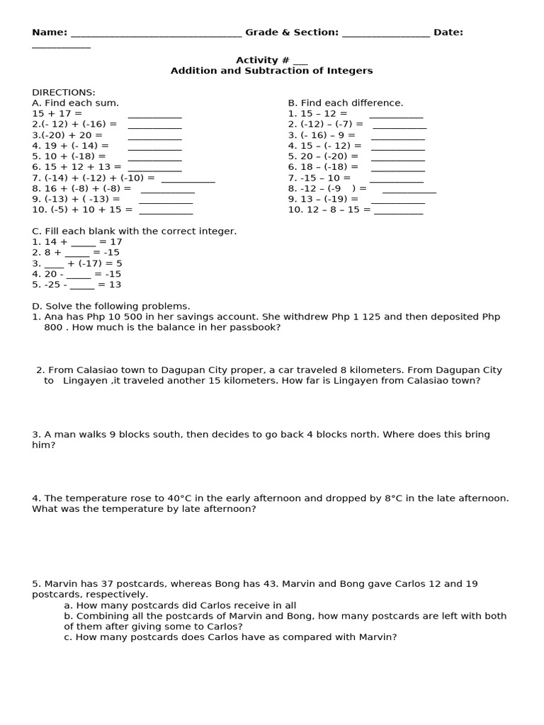 Add and Subtract Integers | PDF