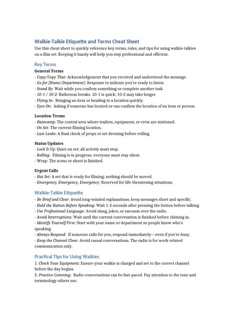 Film Set Walkie-Talkie Etiquette Guide | PDF | Communication