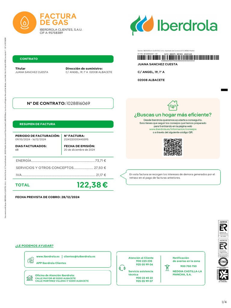 Factura de Gas Iberdrola - Diciembre 2024 | PDF | Energia electrica