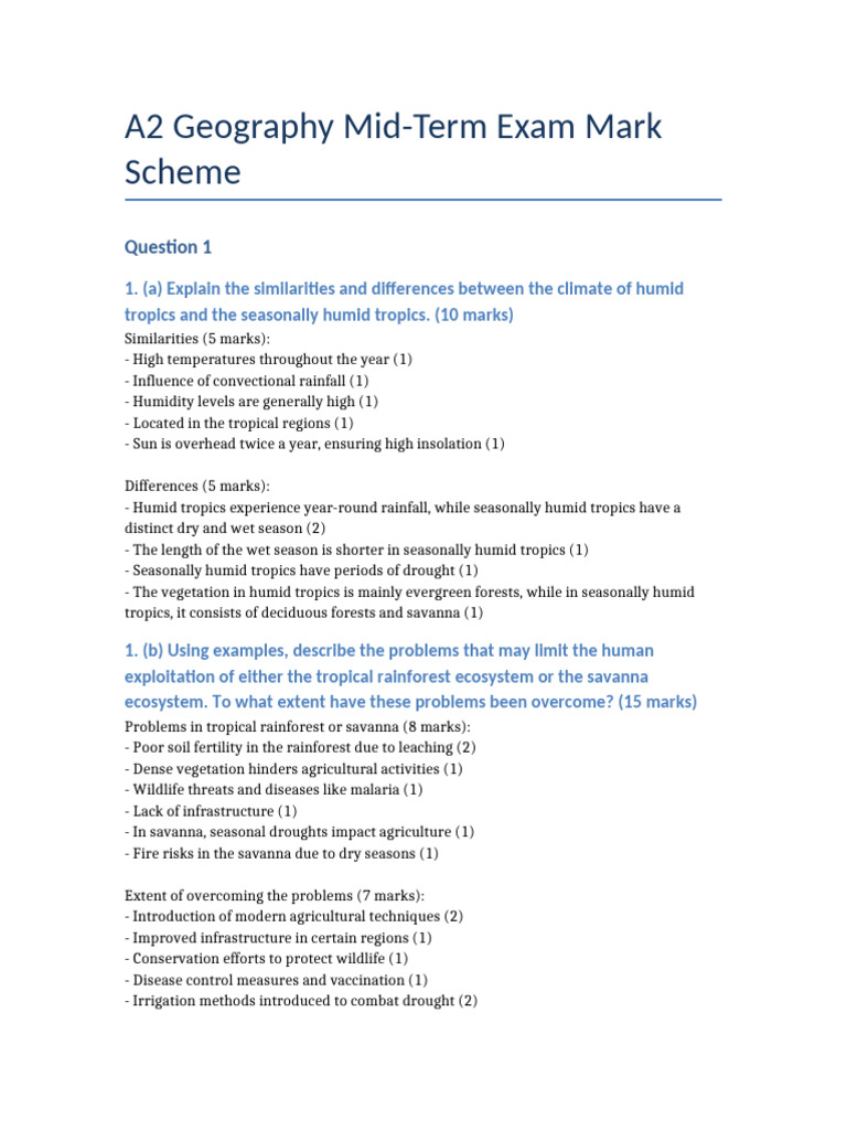 A2 Geography Mid Term Mark Scheme | PDF