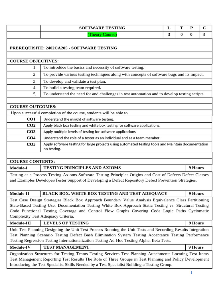 2402ca205 Software Testing Syllabus | PDF | Software Testing | Software ...