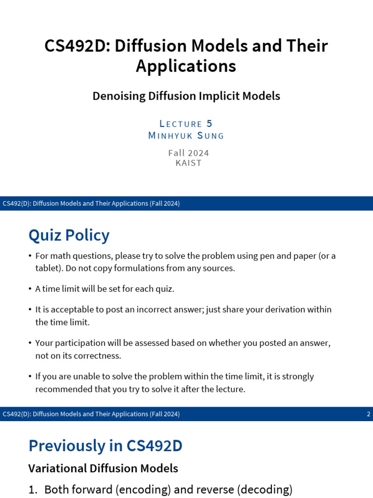 Kaist cs492d Fall 2024 Lecture 5 | PDF | Stochastic Differential Equation | Algorithms