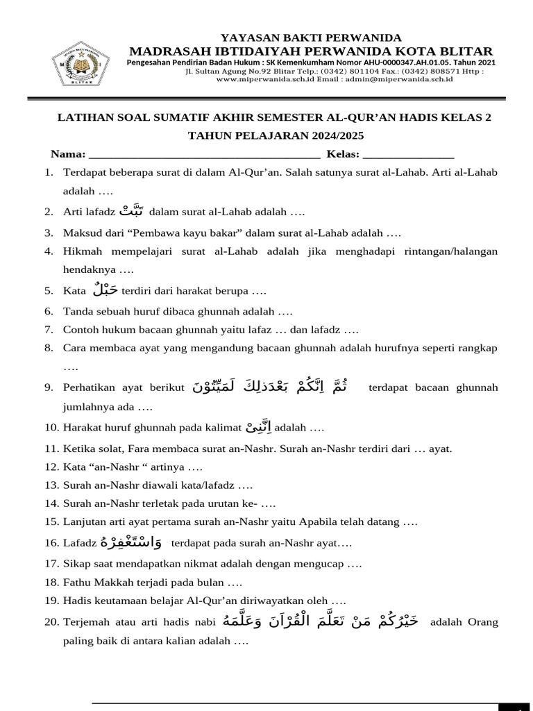 Latihan Soal Al-Qur'an Hadis Kelas 2 Mi Perwanida 2024 | PDF