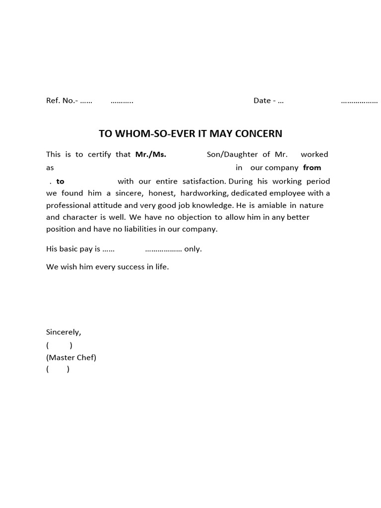 Chef Experience Certificate Format | PDF