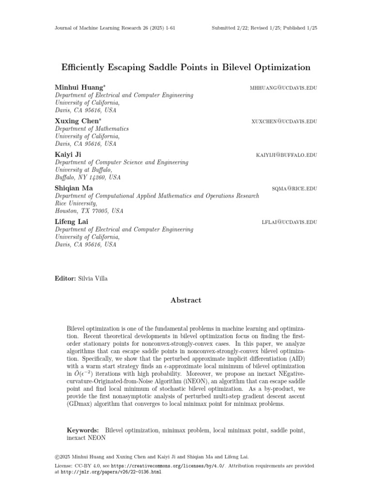 Efficiently Escaping Saddle Points in Bilevel Optimization: Minhui Huang | PDF | Mathematical ...