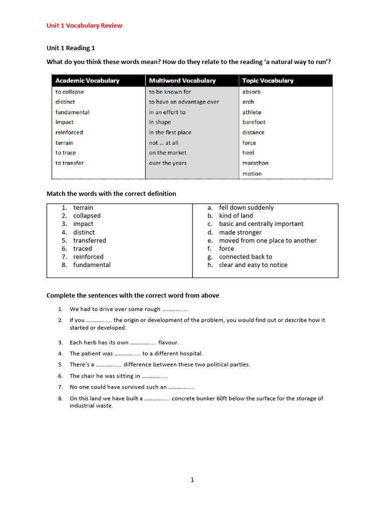 Unit 1 Vocabulary Review Guide | PDF | Vocabulary | Cognitive Science