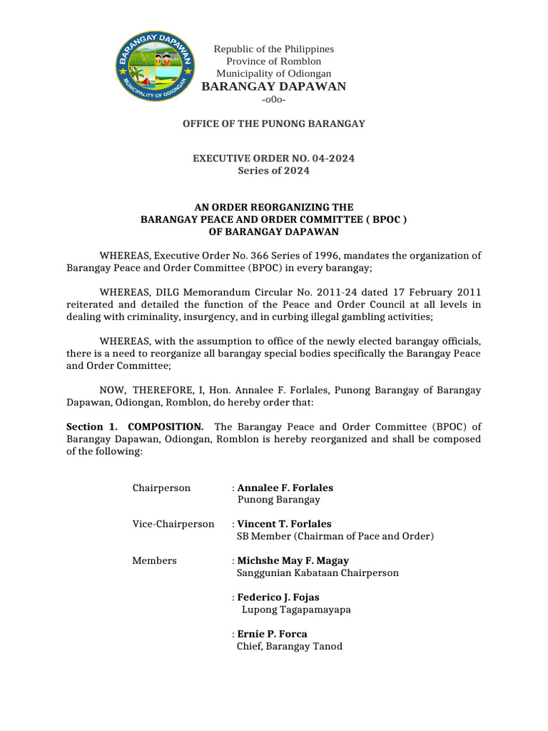 Reorganizing Barangay Peace and Order Committee | PDF | Criminal Law ...