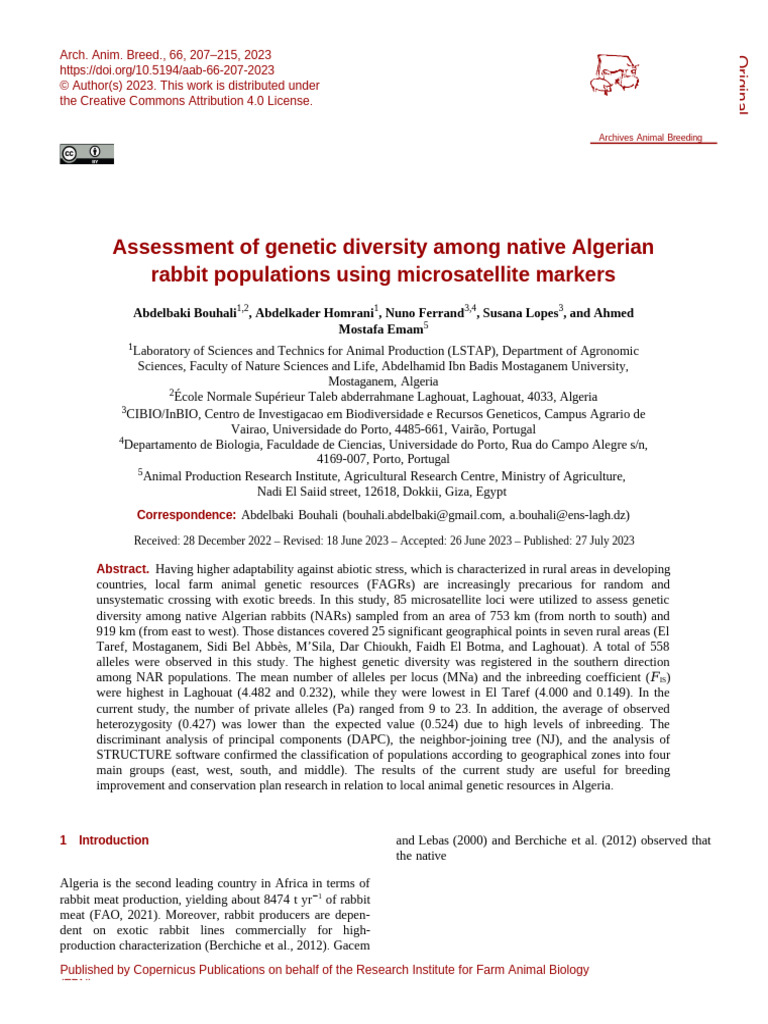 Assessment of Genetic Diversity Among Native Algerian Rabbit Populations Using Microsatellite ...