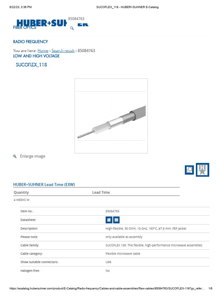 SUCOFLEX 118 RF Cable Specs | PDF | Optical Fiber | Attenuation