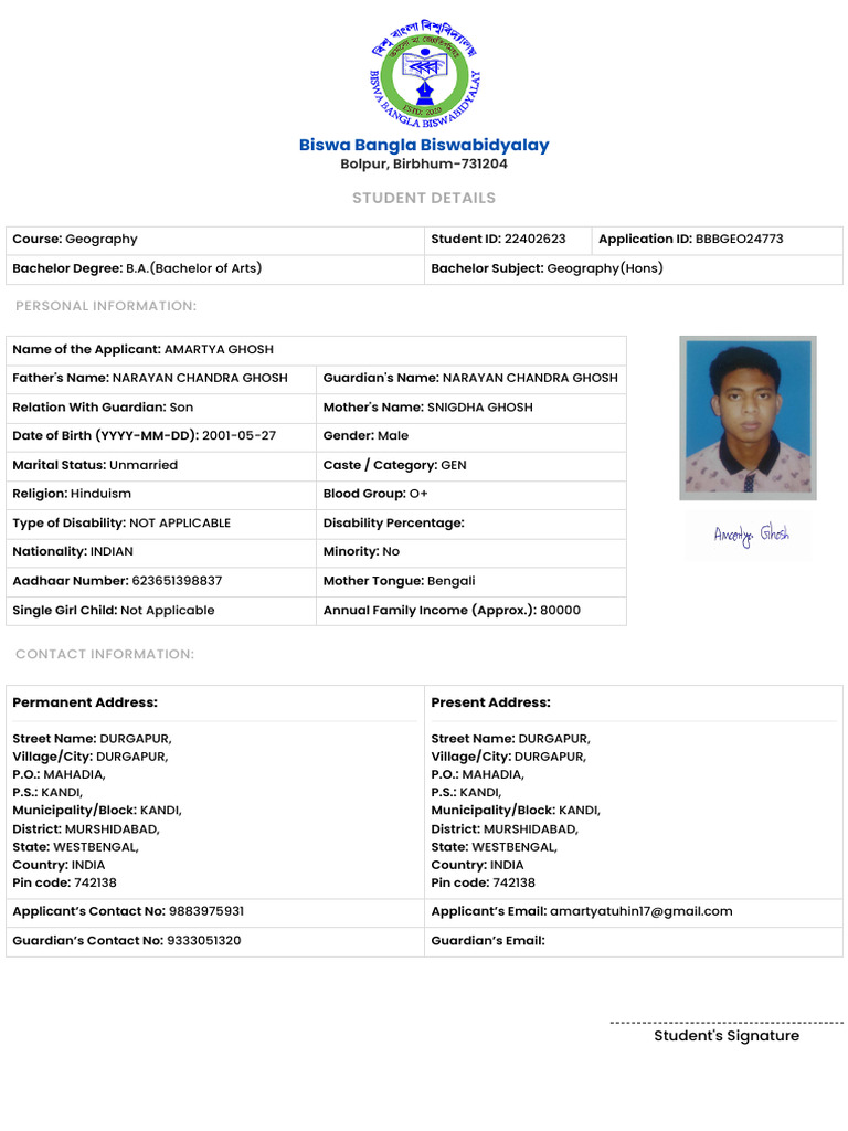 Print Application Form Details _ Portal 2024-26 _ Biswa Bangla ...