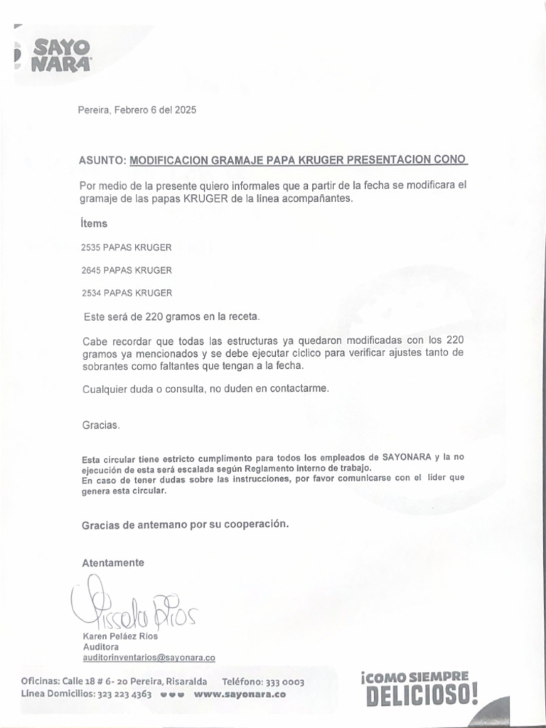 Circular Modificacion Gramaje Papa Kruger Cono | PDF