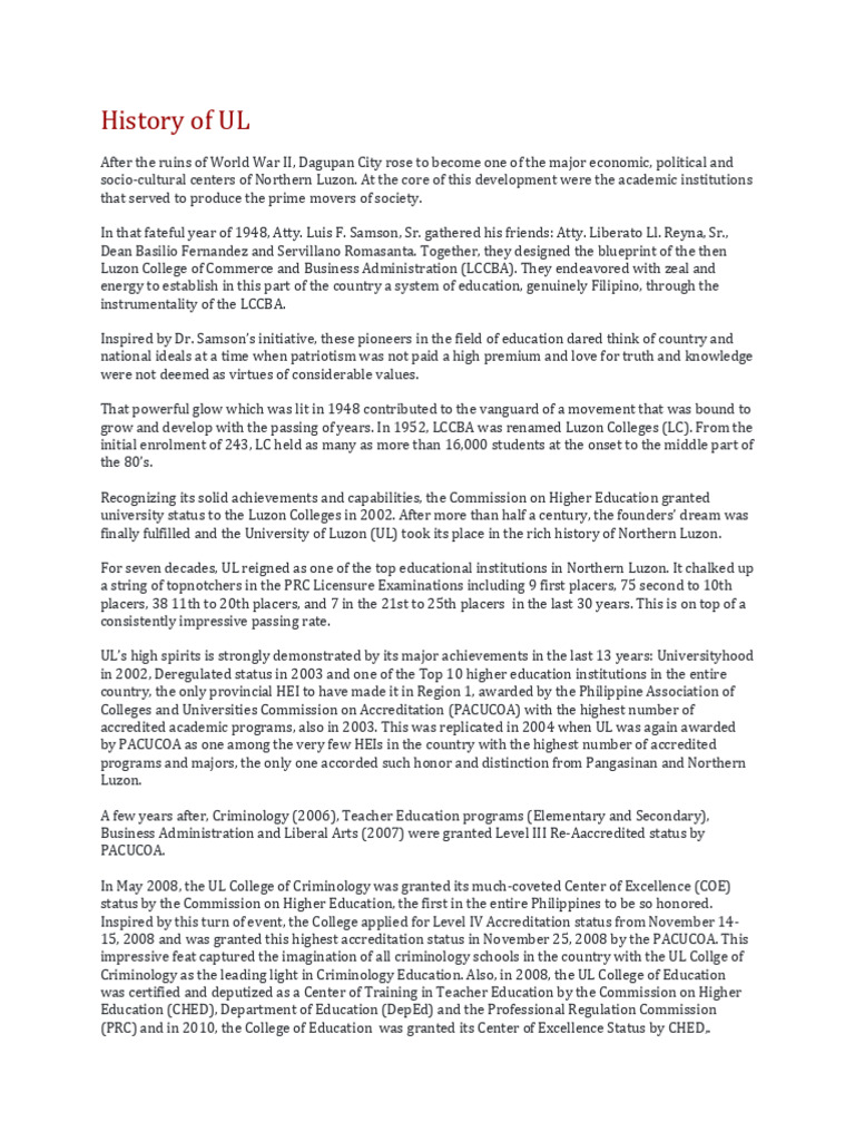 University of Luzon: A Legacy of Excellence | PDF