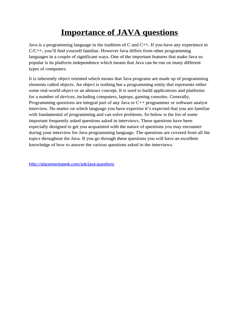 Importance of JAVA Questions | PDF