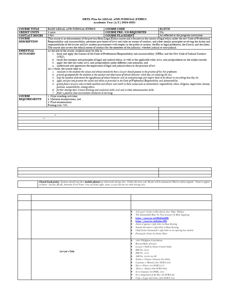 Legal and Judicial Ethics Course Outline | PDF | Practice Of Law | Lawyer