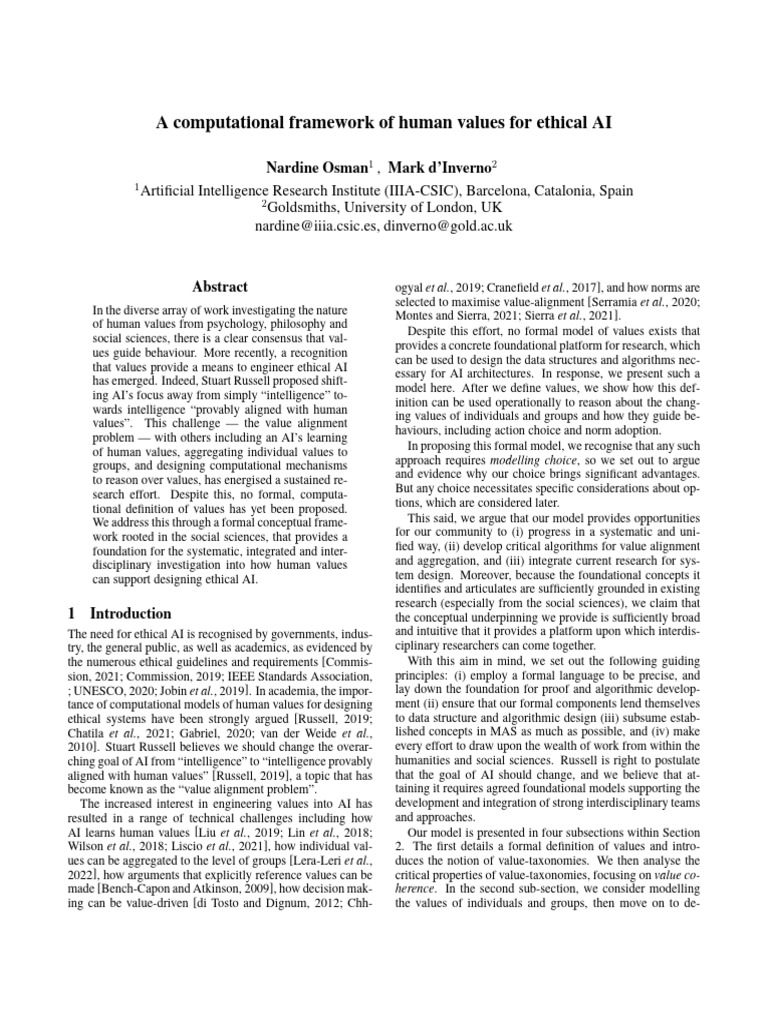 A Computational Framework of Human Values For Ethical AI | PDF ...