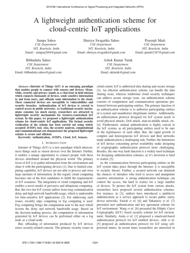 A Lightweight Authentication Scheme For Cloud-Centric IoT Applications | PDF | Internet Of ...