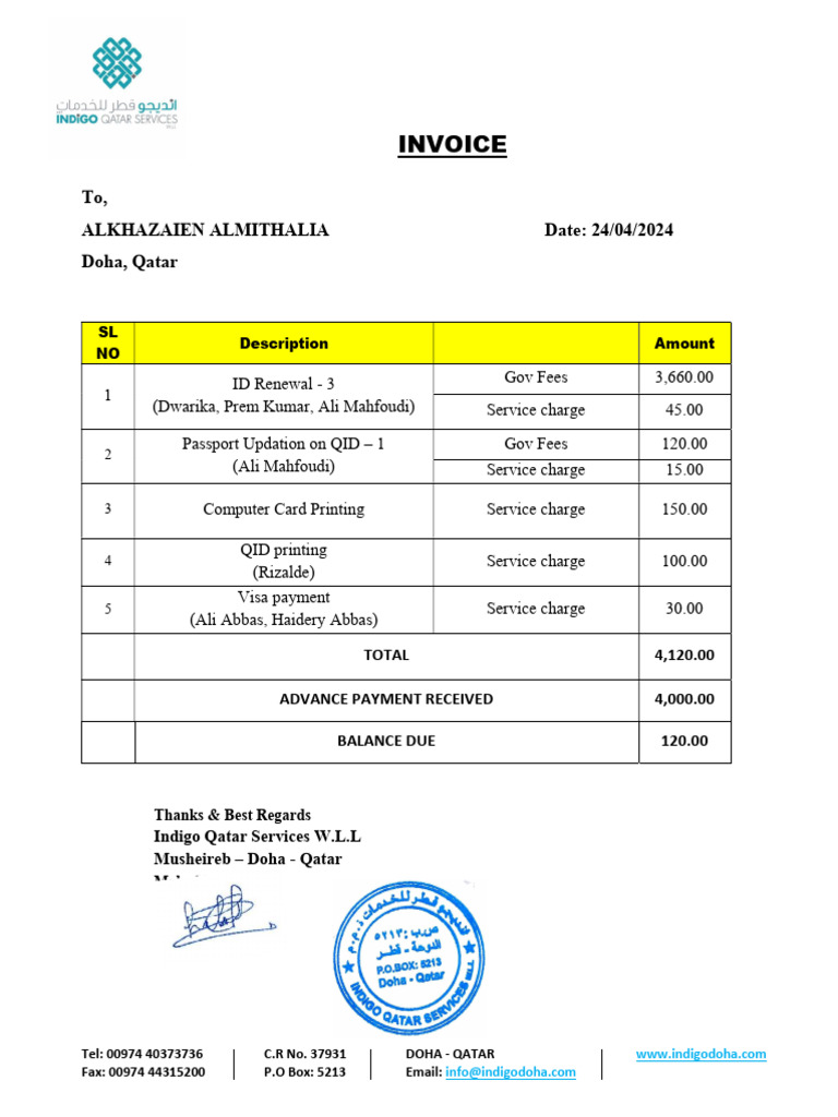 Invoice for Indigo Qatar Services | PDF