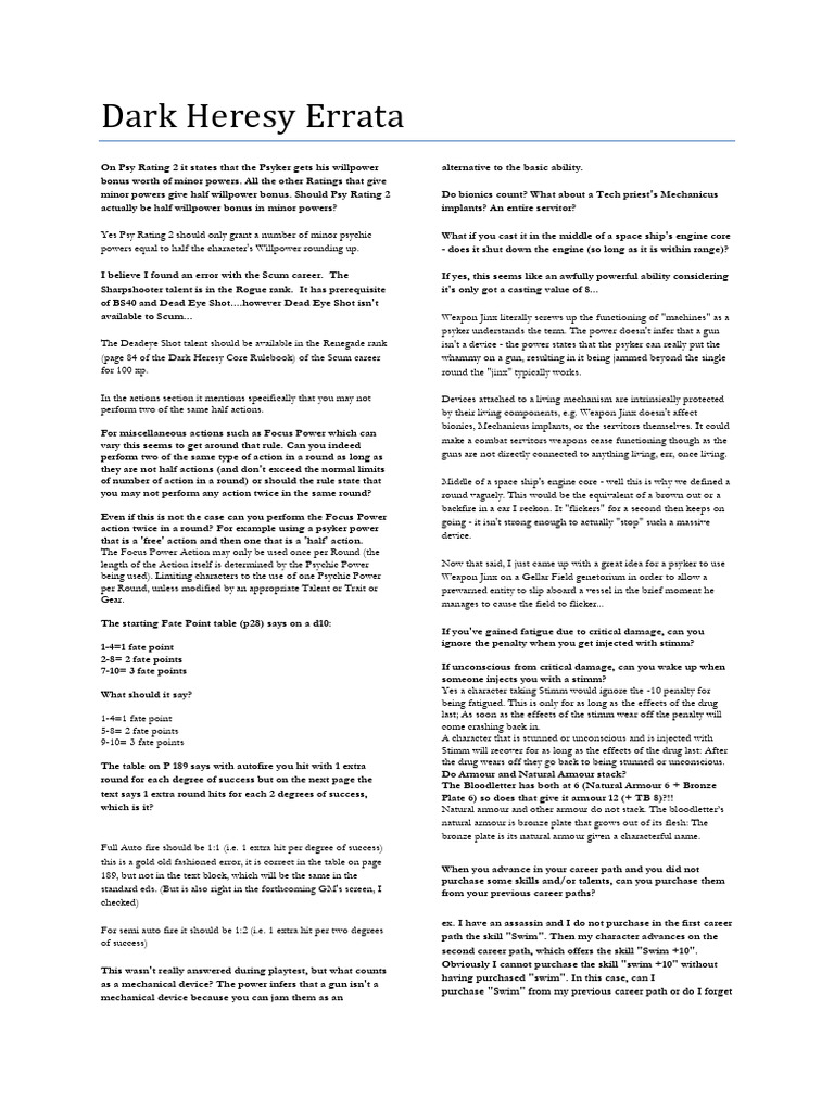 Dark Heresy Errata Clarifications | PDF