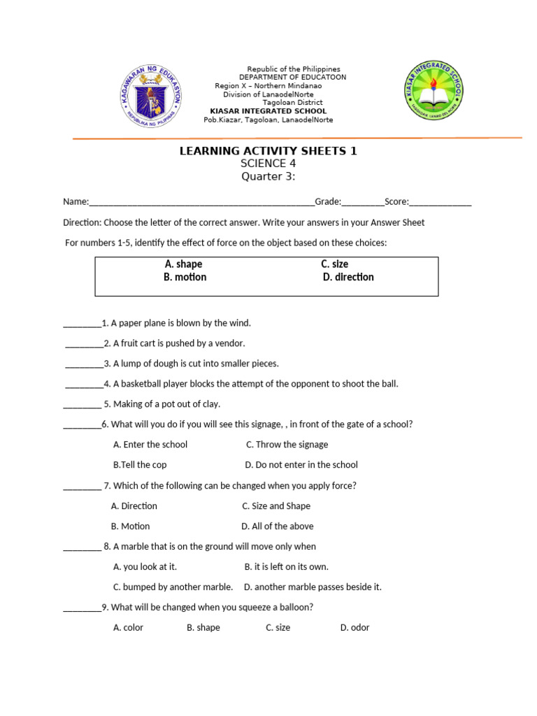 Science 4 Learning Activity Sheets | PDF