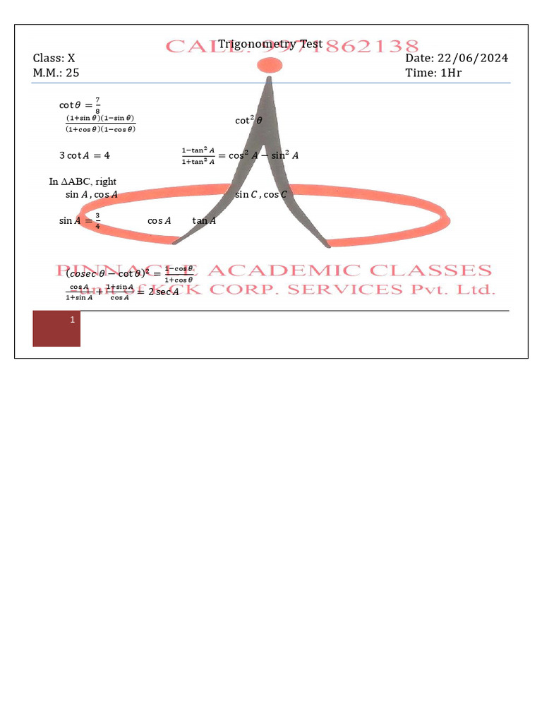 Class X Trigonometry Test Paper | PDF
