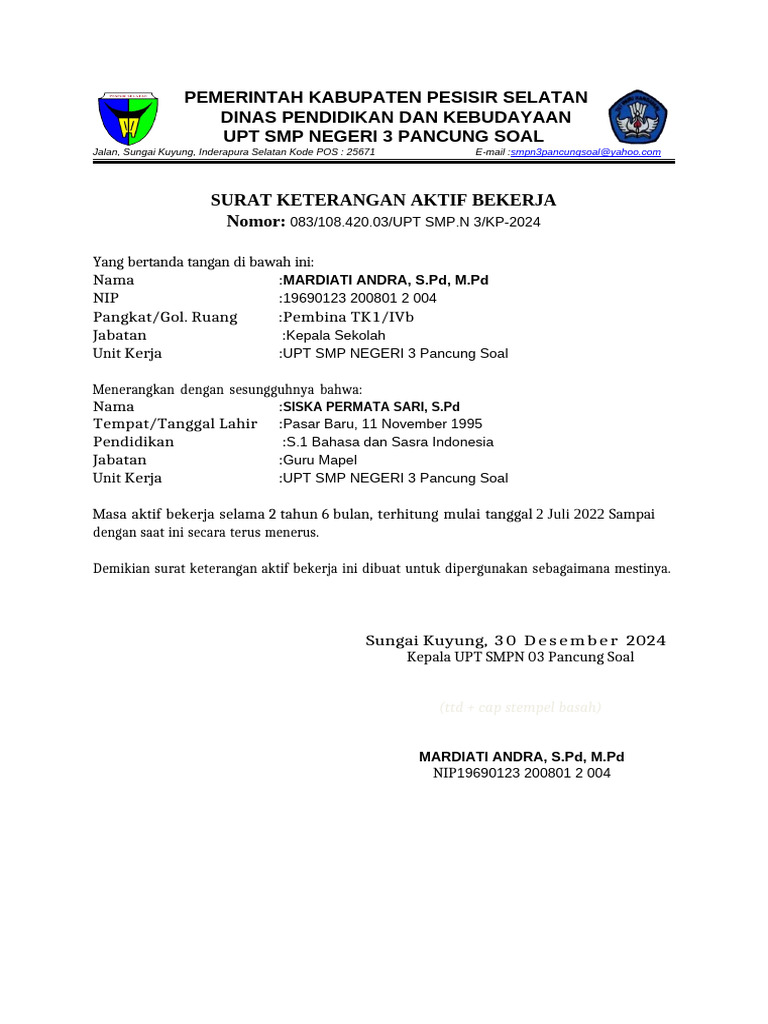 Contoh SURAT AKTIF BEKERJA | PDF