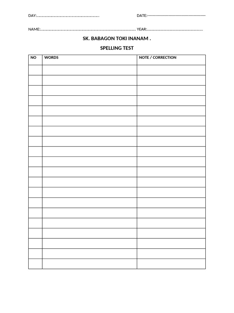 Spelling Test Work Sheet | PDF